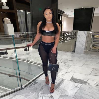 China Autumn new style women personality high waist yoga pants casual PU imitation leather sports set ladies fitness clothes for sale