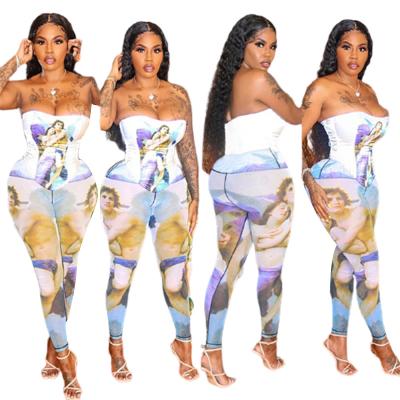 China Fall Fashion Trendy Print Strapless Sleeveless Fitted Skinny Bodycon women Jumpsuit and Rompers ladies sports Outfits for sale