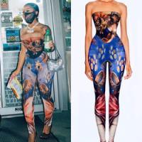 China Fall Fashion Trendy Print Strapless Sleeveless Fitted Skinny Bodycon women Jumpsuit and Rompers ladies sports Outfits for sale