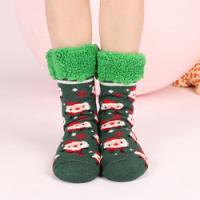China women breathable anti-slip socks polyester green socks with father christmas pattern thick christmas stocking for sale