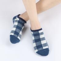 China new arrival ladies non skid socks with blue and white plaid pattern ankle-length breathable socks for sale