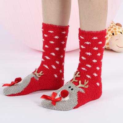 China new arrival red comfortable socks polyester made cute deer floor fuzzy socks for female non skid socks for sale