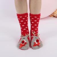 China new arrival red comfortable socks polyester made cute deer floor fuzzy socks for female non skid socks for sale