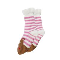 China faux fur lined women winter house socks lovely pink stripe cute bear warm indoor socks for sale