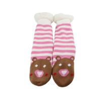 China faux fur lined women winter house socks lovely pink stripe cute bear warm indoor socks for sale