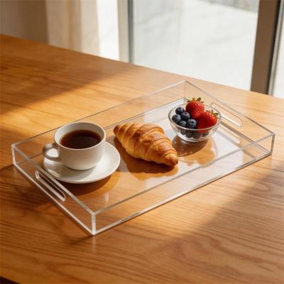 China Clear Acrylic Display Tray with Handles Decorative Serving Tray for Coffee Drinks Breakfast for sale