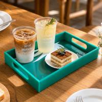 China Green Acrylic Serving Tray With Handles Rectangular Food Tray For Drinks Coffee Dessert Breakfast for sale