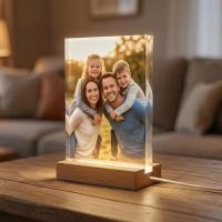 China Decorative Wooden Acrylic Stand With LED Light Up Base For High Definition Photo Display for sale
