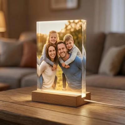 China Decorative Wooden Acrylic Stand With LED Light Up Base For High Definition Photo Display for sale