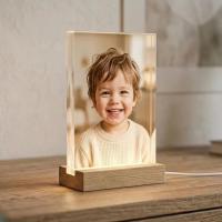 China Decorative Wooden Acrylic Stand With LED Light Up Base For High Definition Photo Display for sale
