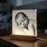 China Decorative Wooden Acrylic Stand With LED Light Up Base For High Definition Photo Display for sale