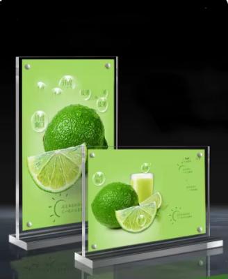China Acrylic Picture Frame Holder Double Sided Transparent T Shaped Table Pull Out Plexiglass Sign Holders for sale