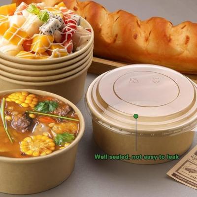 China 24OZ Paper Salad Bowls with Clear Lids 750 ML Disposable Round Shape Kraft Food Containers Suit for BBQ for sale