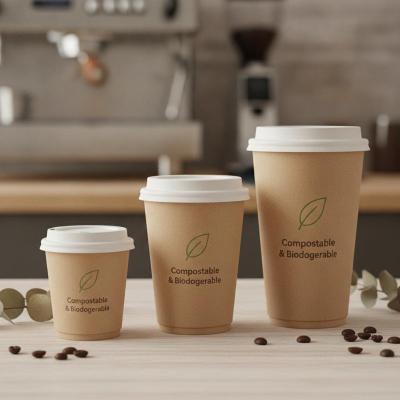 China Compostable Double Wall Insulated Paper Cup PLA Lined Biodegradable Hot Coffee 8oz 10oz 12oz for sale