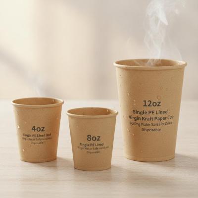 China Single PE Lined Virgin Kraft Paper Cup Boiling Water Safe Hot Drink Disposable 4oz 8oz 12oz for sale