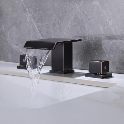 China Hotel Household Three Hole Widespread Matte Black Bathroom Faucet All Copper Split for sale