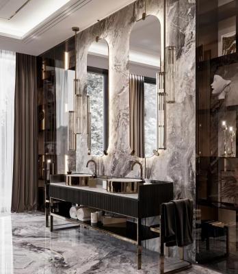 China Rock Plate Luxury Hotel Furniture Ceramic Seamless Integrated Bathroom Basin Cabinet for sale