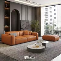 China Leather Custom Sofa Bed Straight Row Minimalist Living Room Head Layer Cowhide Caramel Color for sale