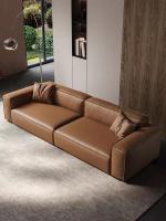 China Leather Custom Sofa Bed Straight Row Minimalist Living Room Head Layer Cowhide Caramel Color for sale