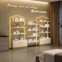 China Versatile Cosmetic Luxury Display Cabinets MultiLayer Marble Shelving Golden Body for sale