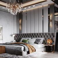 China 5 Star Hotel Bedroom Furniture Double Black Grid Solid Wood King Size Bed for sale