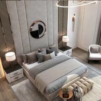 China Commercial Hotel Bedroom Furniture Modern Luxury Apartment Villa Linen Fabric Bed for sale