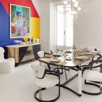 China Leather Stainless Steel Modern Armrest Dining Chair Luxury Versace Design for sale