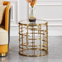 China Golden Metal Corner Table Sofa Side Table Round Glass Table Top Bedside Table for sale