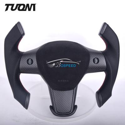 China Matte Carbon Fiber Tesla Model 3 Model Y Steering Wheel Perforated Leather for sale