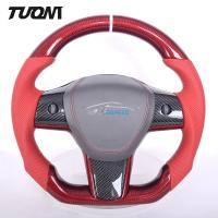 China Red Carbon Fiber Rounded Top Flat Bottom Steering Wheel Tesla Model 3 Y for sale