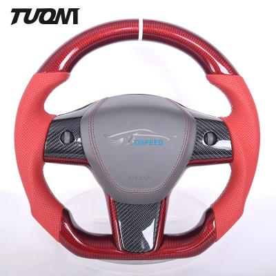 China Red Carbon Fiber Rounded Top Flat Bottom Steering Wheel Tesla Model 3 Y for sale