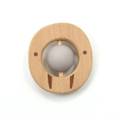 China Movable Rattle Ball Walrus Shape Wooden Silicone Teether Safe For Baby for sale