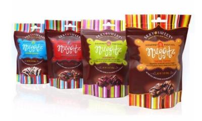 China Custom Mini Stand Up Plastic Candy Chocolate Food Packaging Bags with Hang Hole 100x150mm for sale