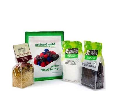 China Custom Printed Square Bottom Stand Up Pouch Food Grade 100 Micron Thickness for Sea Salt Peppercorns for sale