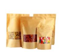 China Custom Printed Reclosable Stand Up Brown Kraft Paper Bag with Clear Window for Food Packaging 10000pcs MOQ for sale