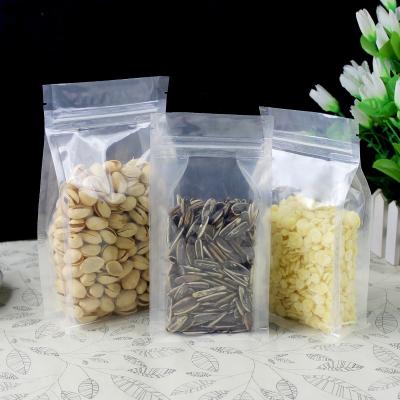 China Resealable Clear Stand Up Pouch 8 Side Quad Seal Block Bottom Gusset Box Zipper Bag Custom Size for sale