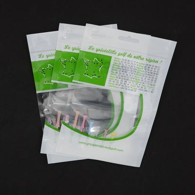 China Custom OPP Plastic Golf Bag with Wooden Tee 3 Side Seal Laminated Pouch Hanger 10000 Pcs MOQ for sale