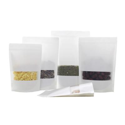 China Stand Up Matte Frosted White Recycled Kraft Paper Bags with Window for Food Packaging Custom Size for sale