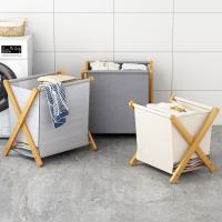 China Bathroom Standing Type Collapsible Laundry Basket with Removable Bag Wood Dirty Clothes Storage Organizer X Frame Hamper for sale