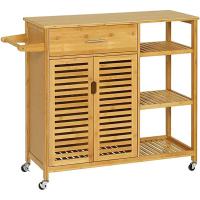 China Natural Kitchen Island on Wheels with Storage Cabinet Drawers, Rolling Cart 3 Open Shelves Towel Bar Lockable for sale