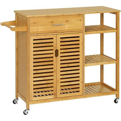 China Natural Kitchen Island on Wheels with Storage Cabinet Drawers, Rolling Cart 3 Open Shelves Towel Bar Lockable for sale