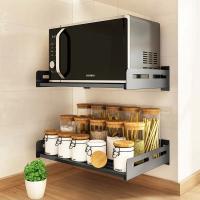 China Wall Mount Microwave Oven Shelf Rack for Kitchen Home, Stainless Steel Counter Countertop Holder with 5 Sliding Hooks for sale