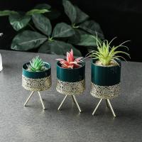 China Modern Retro Hollow Iron Frame Flower Pot Ceramic Nordic Home Decor Desktop Room Decoration Plant Storage Organizer Tank for sale