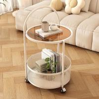 China Movable Trolley with Wheels Glass Sofa Side Table Iron Cabinet Small Coffee Storage Rack for Living Room for sale