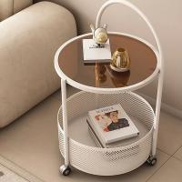 China Movable Trolley with Wheels Glass Sofa Side Table Iron Cabinet Small Coffee Storage Rack for Living Room for sale