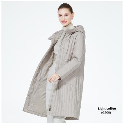 China Vertical Stripe Long Padded Jacket for Women - 98-104cm Length, 44-52 Size Range with Belt Design for sale
