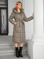 China Bio Fluff Woman Coat Hooded Thickened Long Cotton Coat with Slanted Placket and Pleats Sizes 42-50 for sale