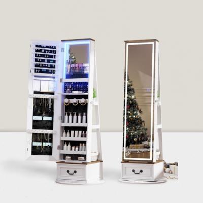 China Dimmable LED Full Length Mirror Jewelry Cabinet with Lock - 3 Color Temperature Lighting & Secure Storage for sale