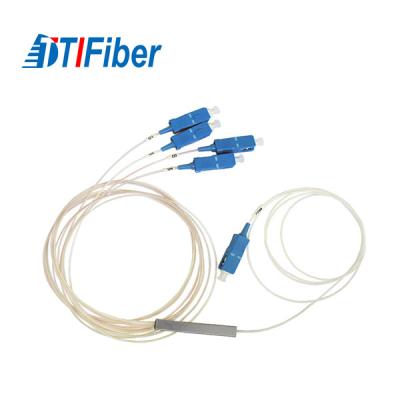 China 1x4 Steel Tube PLC Splitter SC APC 0.9mm Fiber Optic Splitter Singlemode G657A for sale