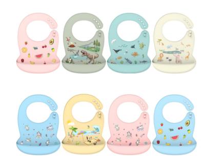 China Eco Friendly Silicone Baby Bibs Cartoon Picture Printed Waterproof With Food Pocket for sale